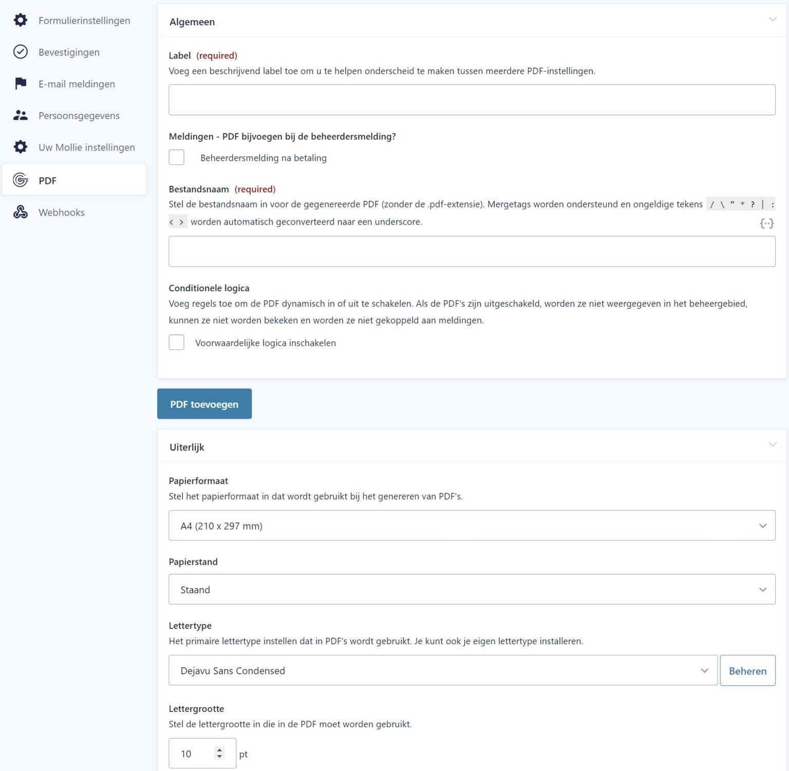 Functie: PDF bijlages – Formulier met Betaling