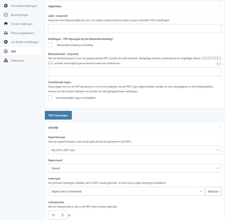 Functie: PDF bijlages – Formulier met Betaling